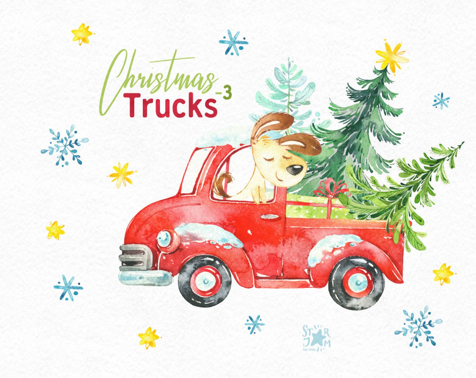 Christmas Truck 3. Watercolor Holiday Clipart Dog Snowman - Etsy