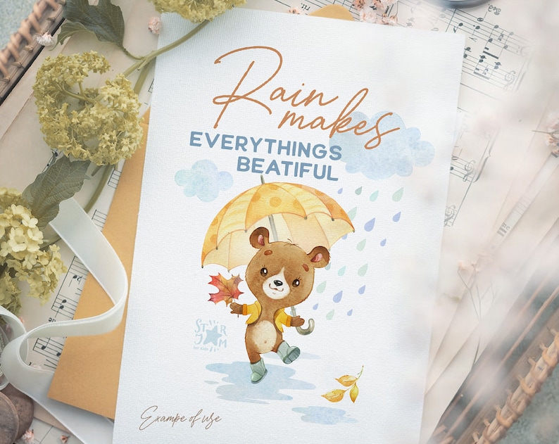 Rainy Day. Watercolor Baby Animals Clipart, Elephant, Bear, Owl ...