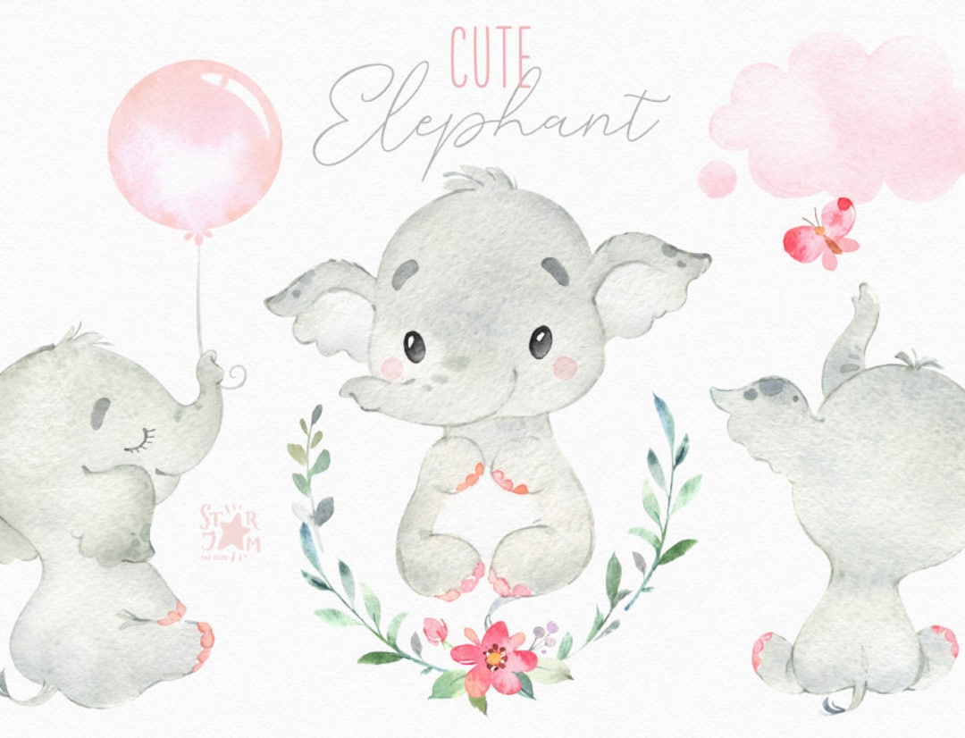 Cute Elephant Girl. Watercolor Little Animal Clipart, Baby, Gentle ...