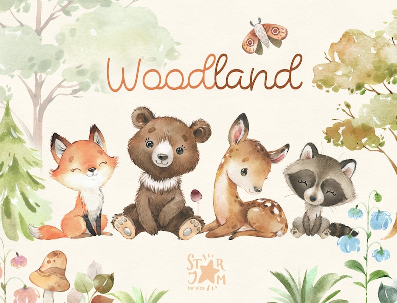 Woodland. Little Animals Watercolor Clip Art, Fox, Bear, Deer, Raccoon ...