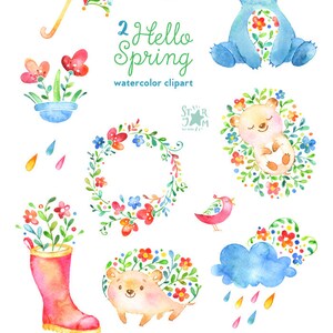 Hello Spring 2. Watercolor Animals and Floral Clipart, Hedgehog, Bear ...