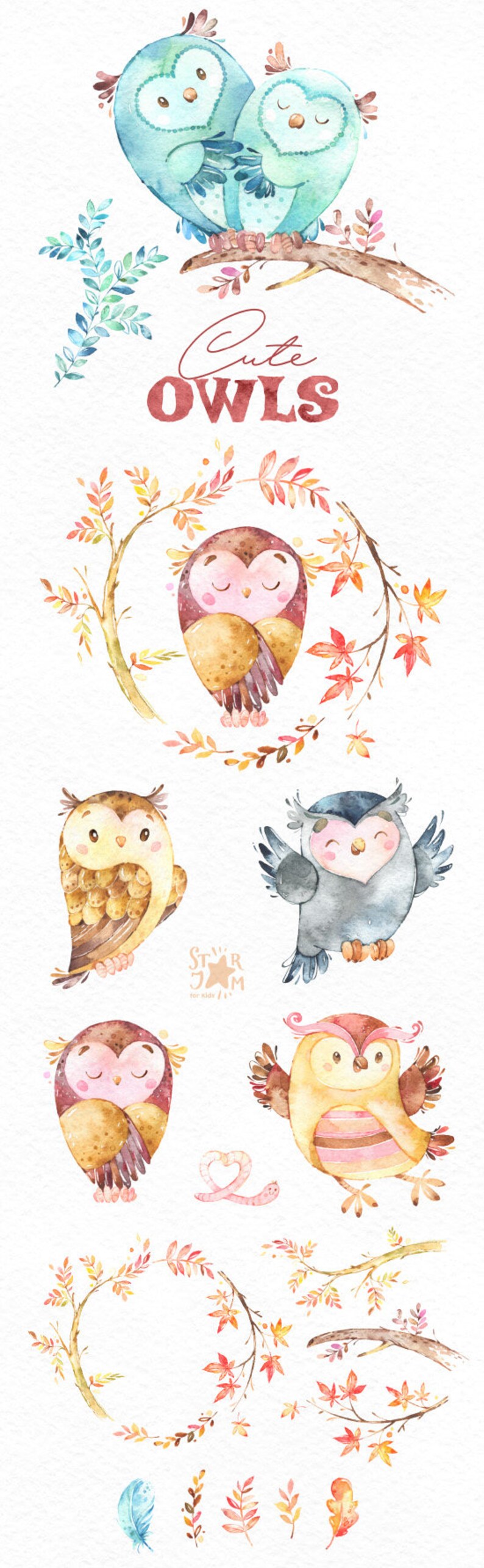 Cute Owls. Forest Birds Clip Art Watercolor Wreath Florals - Etsy