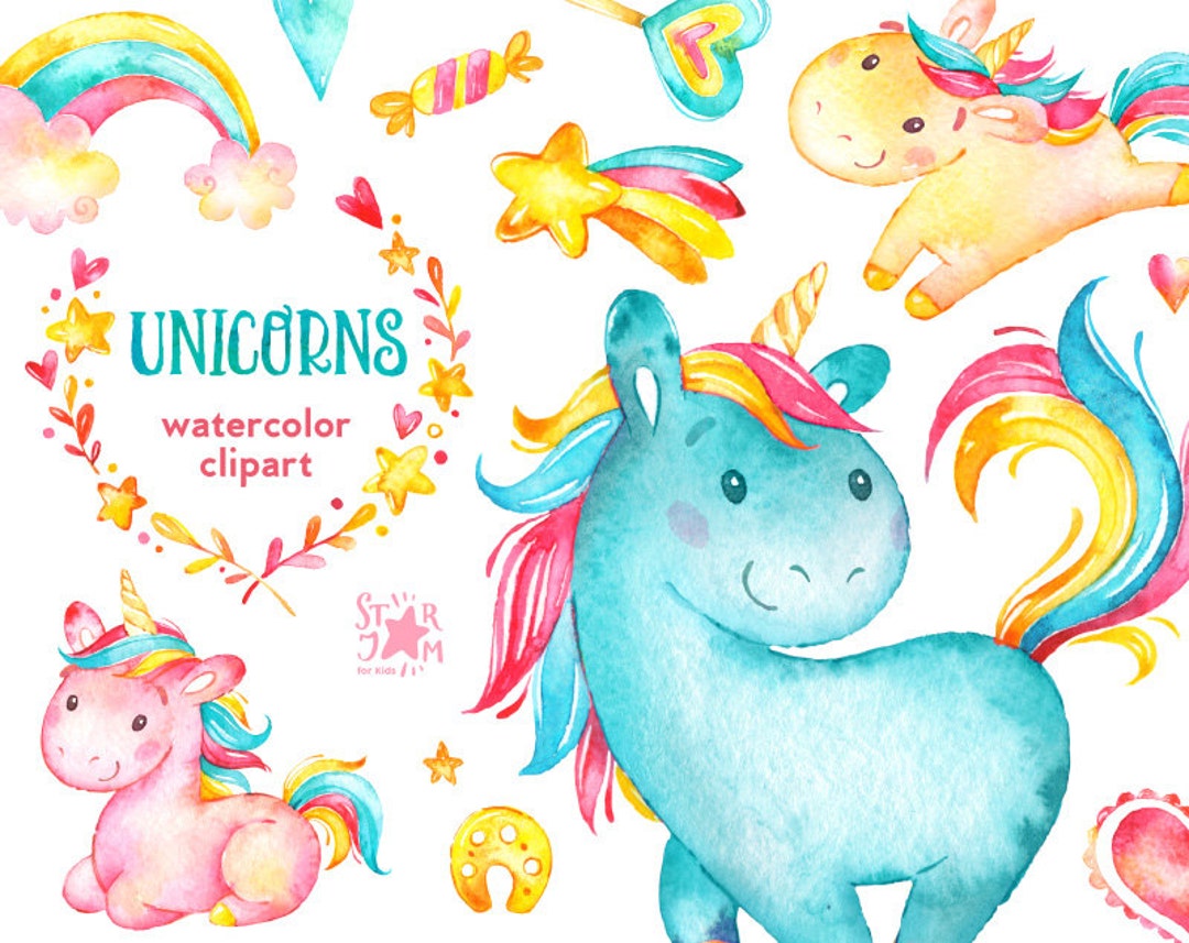 Unicorns. Watercolor Clip Art, Rainbow, Hearts, Flowers, Stars, Candy ...