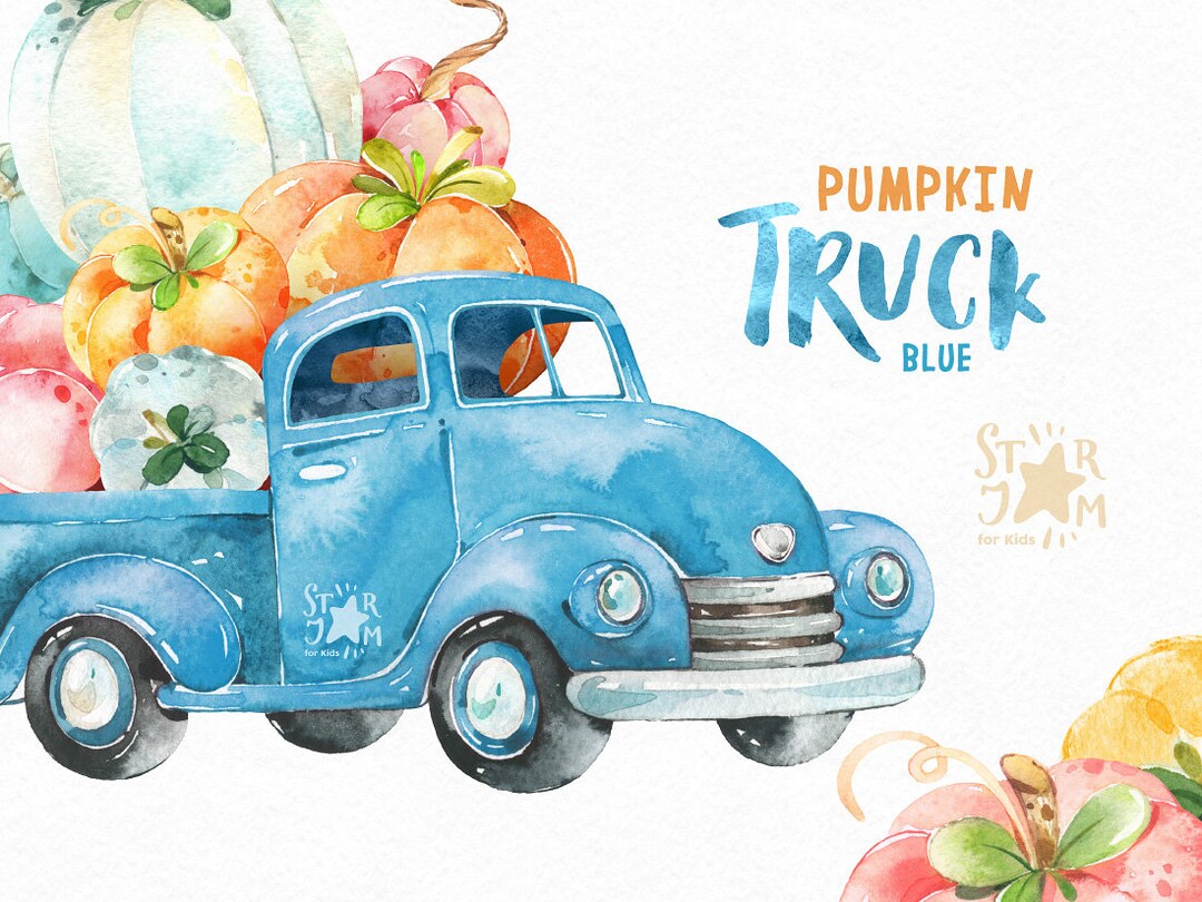 Pumpkin Truck Blue. Watercolor Fall Clipart, Halloween, Thanksgiving ...