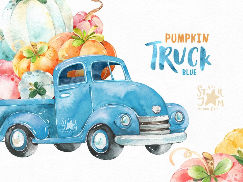 Pumpkin Truck Blue. Watercolor Fall Clipart Halloween - Etsy