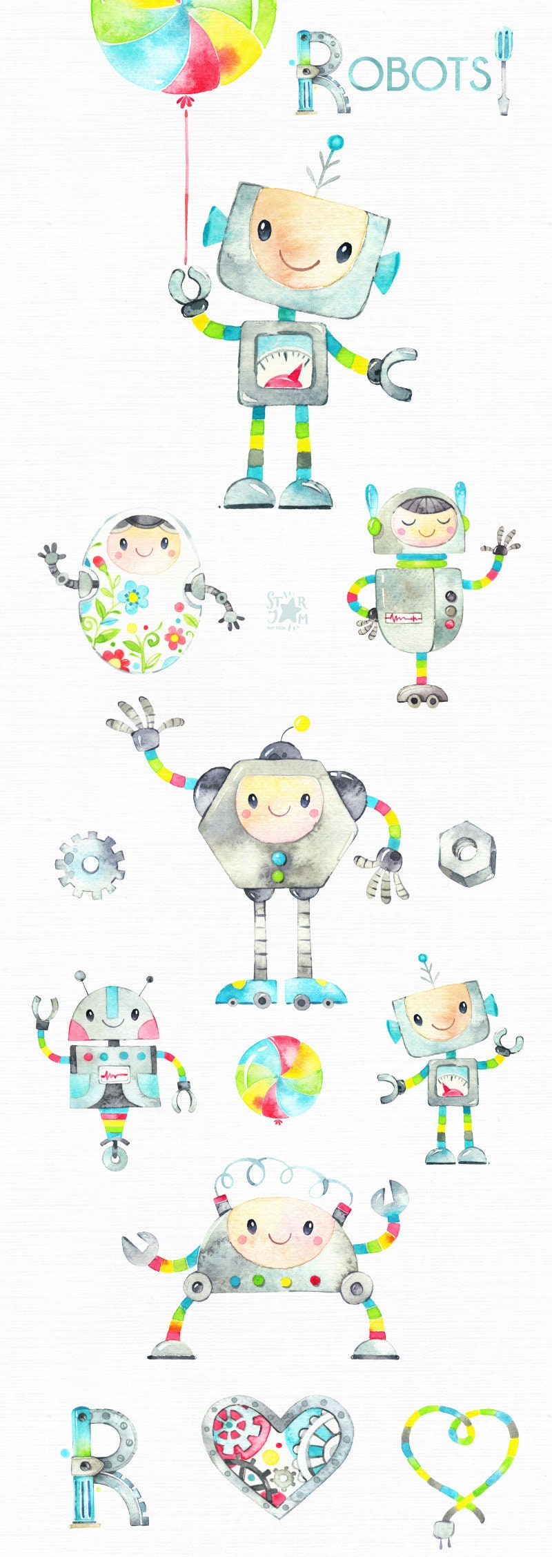 Robots. Watercolor Vintage Clipart Retro Kids Boys | Etsy