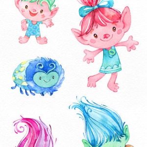 Trolls. Watercolor Clip Art, Cute Characters, Poppy, Dolls, Happy ...