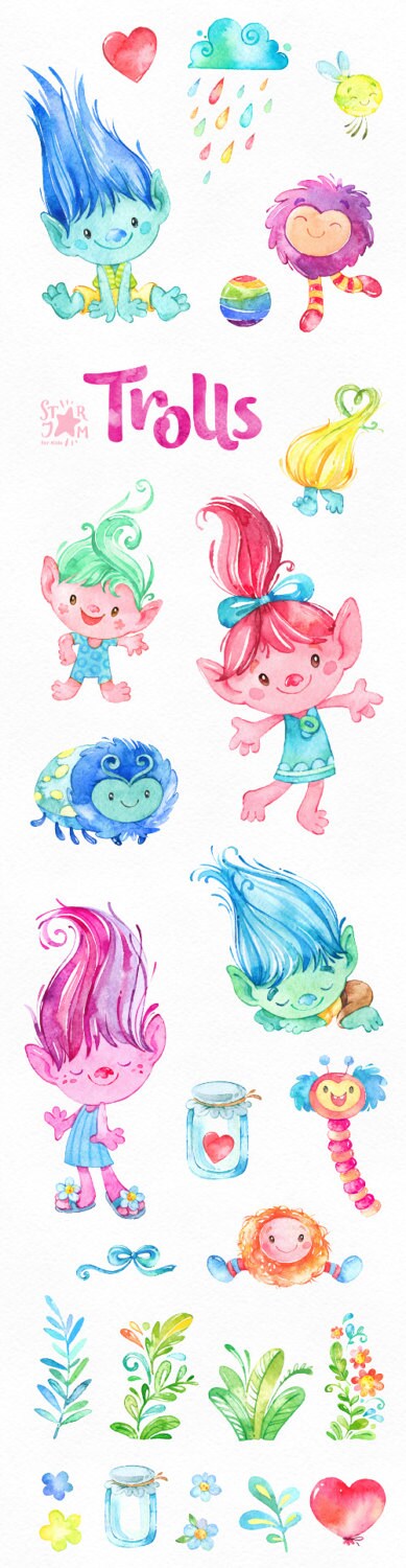 Trolls. Watercolor Clip Art Cute Characters Poppy Dolls - Etsy