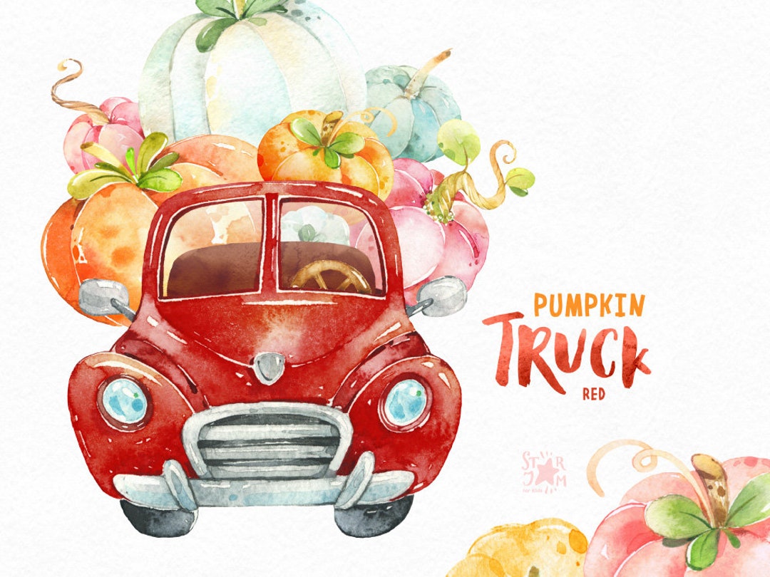 Pumpkin Truck Red. Watercolor Fall Clipart, Halloween, Thanksgiving ...