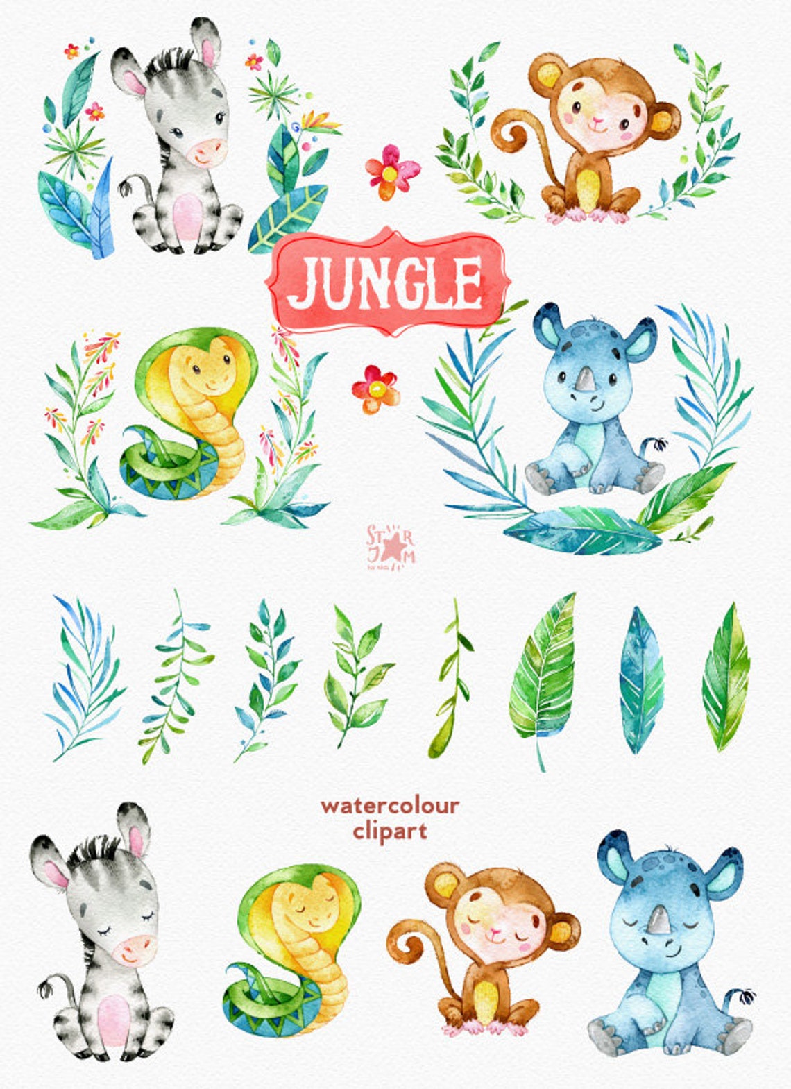 Jungle. Watercolor Animals Clipart Zebra Rhino Snake - Etsy