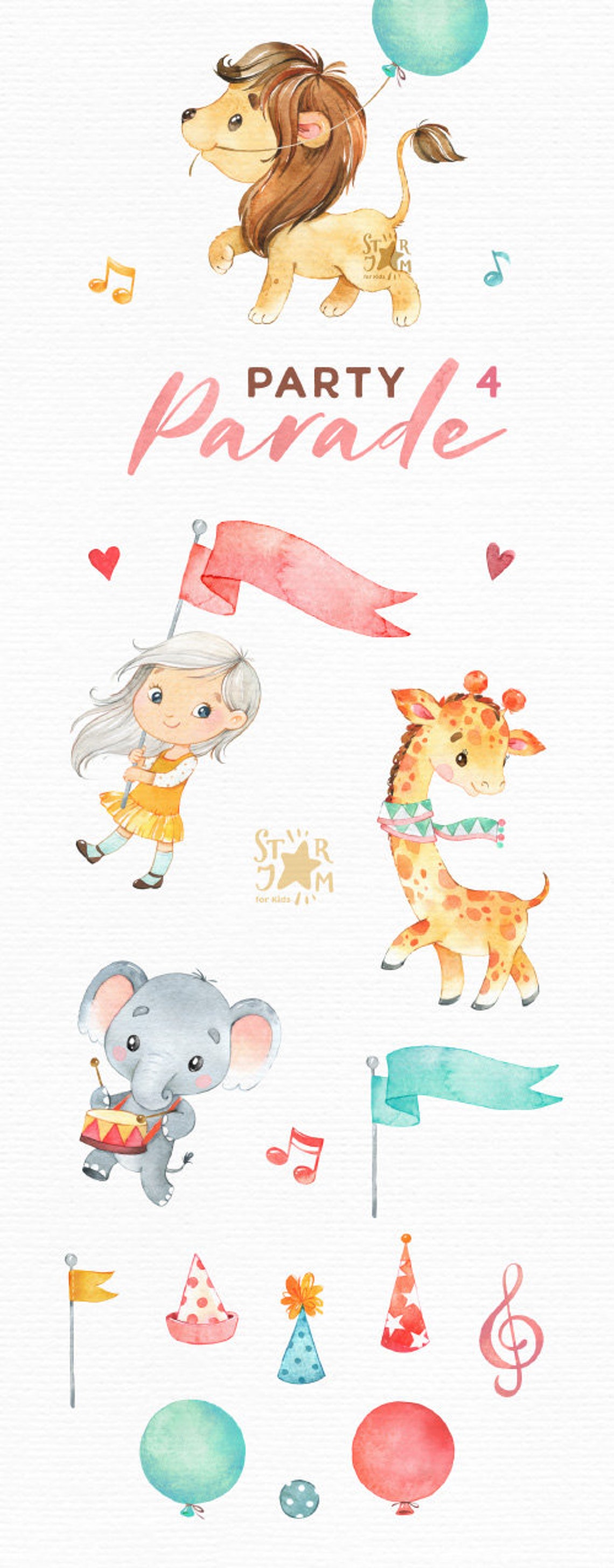 Party Parade 4. Watercolor Clipart Girl Animals Giraffe - Etsy