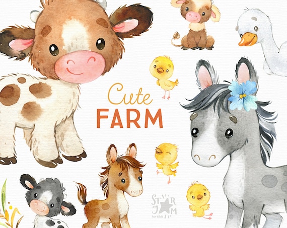Cute Farm. Watercolor Country Clipart Horse Cow Chicken - Etsy