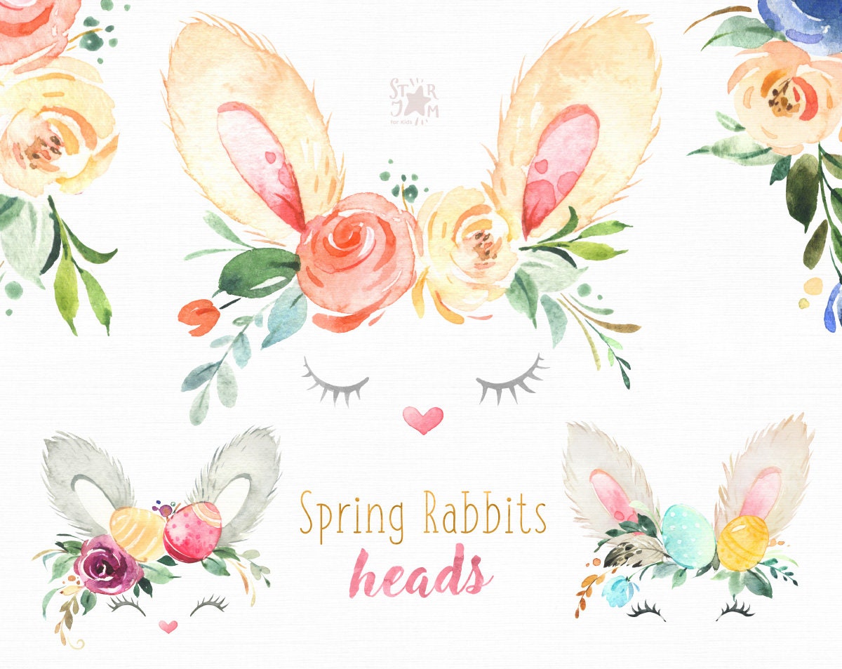 Spring Rabbits Heads. Watercolor Easter clipart eggs crown | Etsy