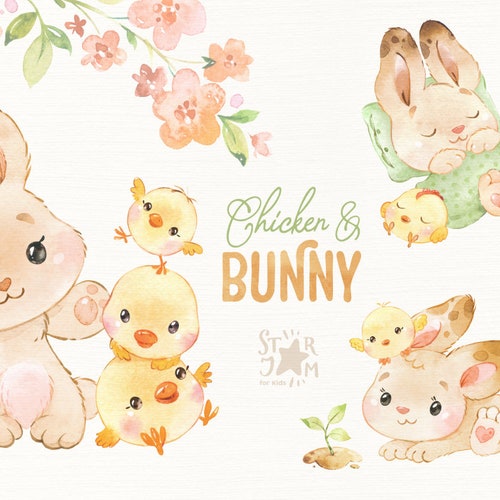 Chicken & Bunny. Watercolor Clipart Rabbit Child Girl Boy - Etsy