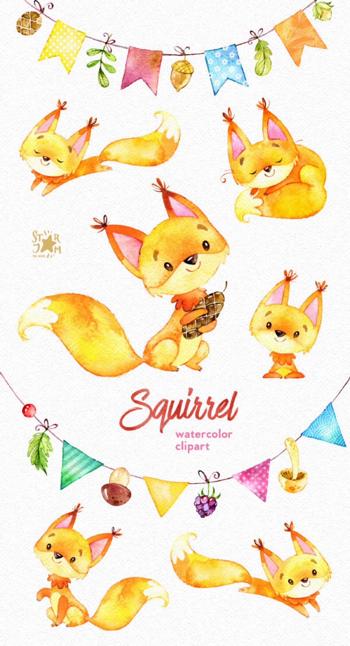 Squirrels and Bunting Banners. Forest, Greetings Card, Flag, Mushrooms ...
