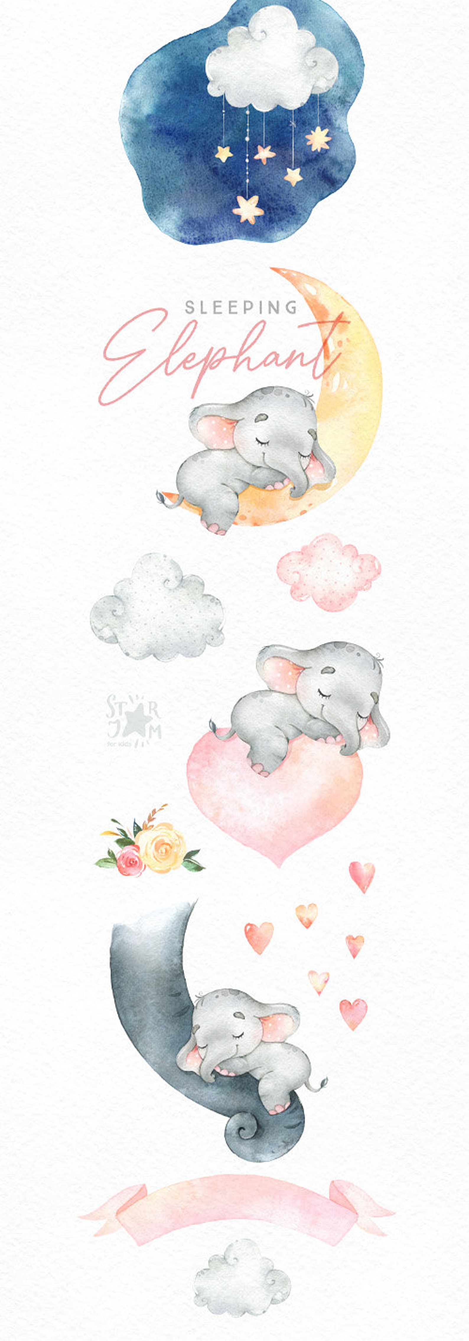 Sleeping Elephant. Babygirl. Watercolor Little Animal Clipart, Stars ...