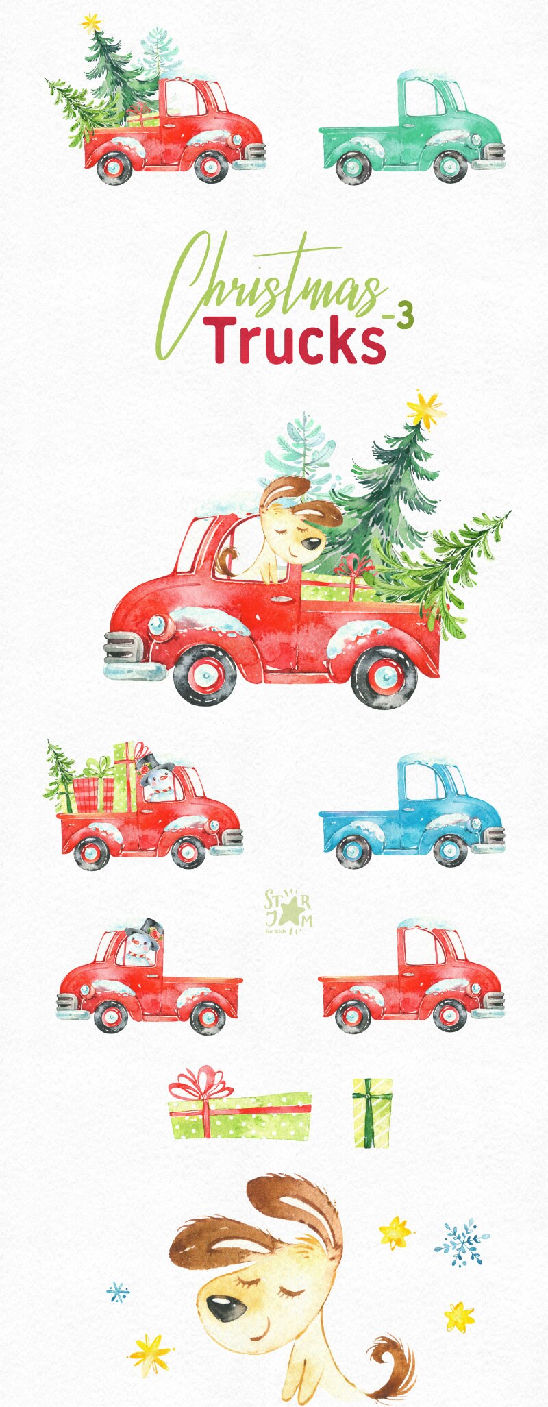 Christmas Truck 3. Watercolor Holiday Clipart, Dog, Snowman, Winter ...