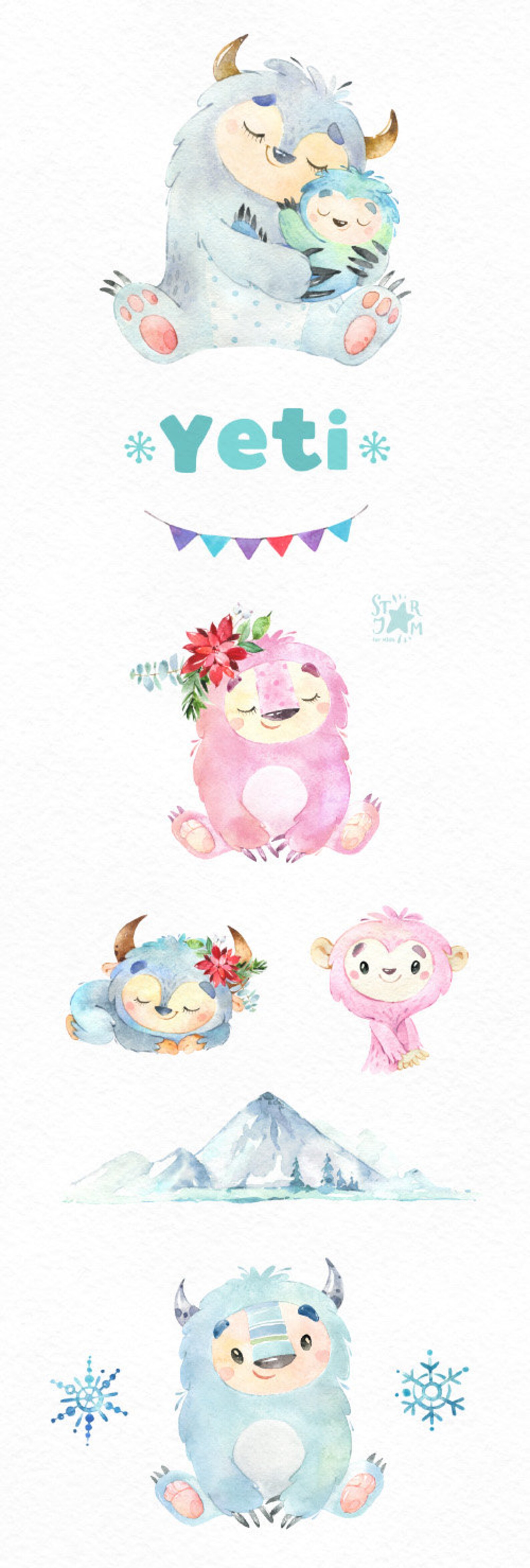 Yeti. Watercolor Clipart Mother & Baby Christmas Fantasy - Etsy