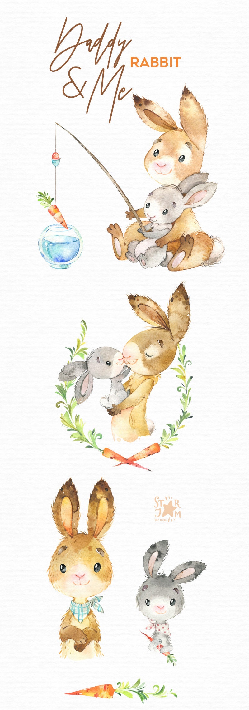 Daddy & Me. Rabbit Watercolor Animals Clipart, Father, Hugs, Family ...