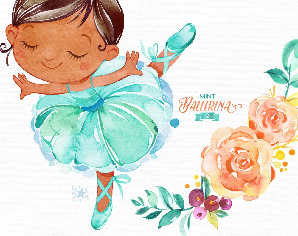 Mint Ballerina 2. Watercolor Clipart, Little Girl, Ballet Dancer ...