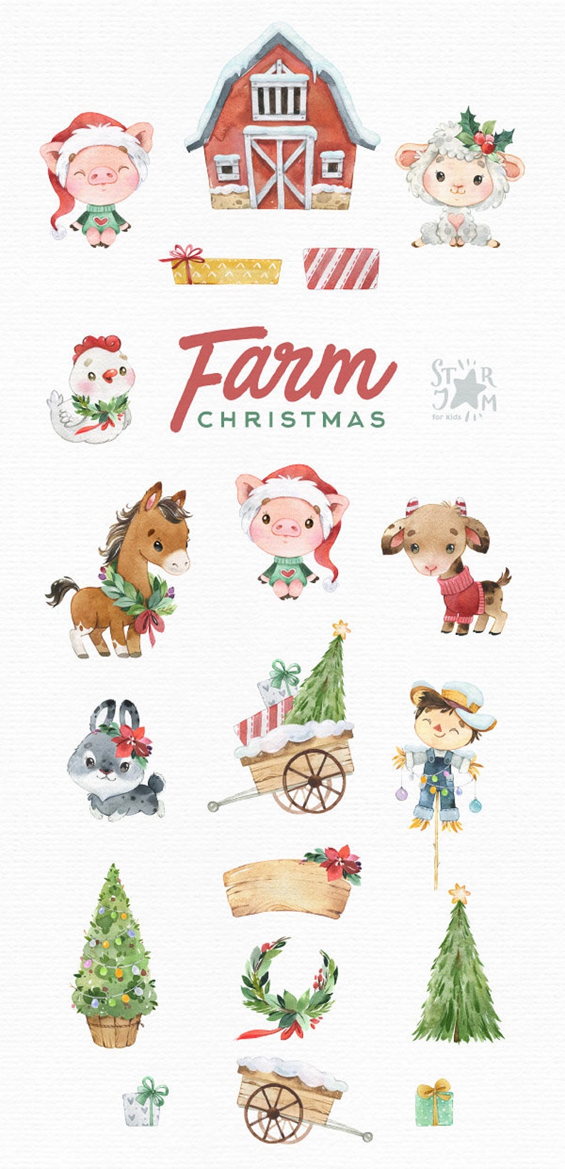 Farm Christmas. Little Animals Watercolor Clip Art Horse - Etsy