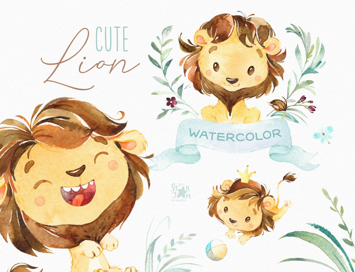 Cute Lion. Watercolor Little Animal Clipart Cub Boy Kid | Etsy