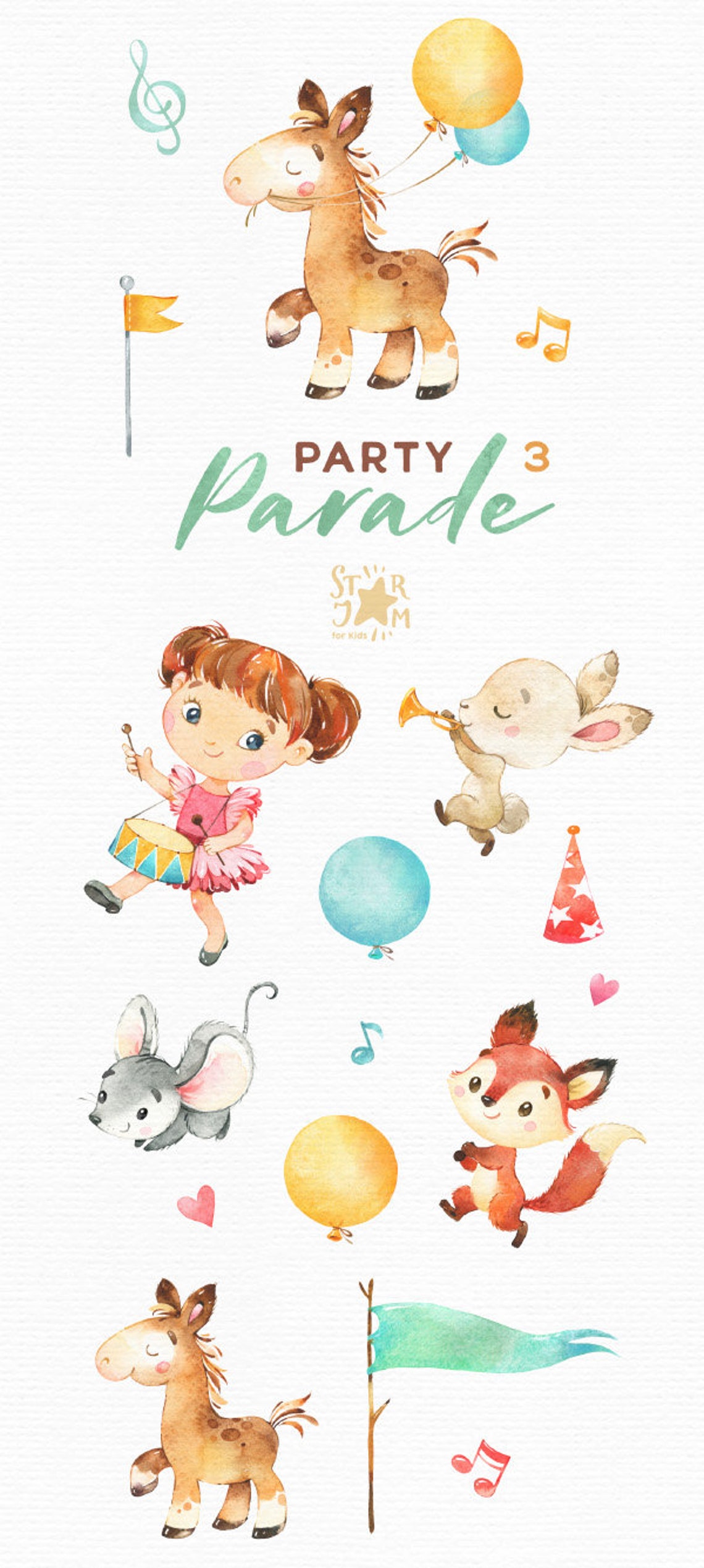 Party Parade 3. Watercolor Clipart Girl Animals Horse Fox - Etsy