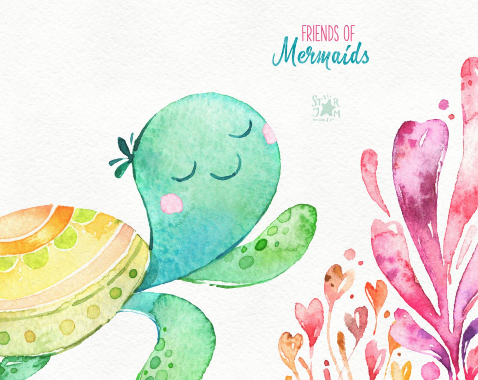 Friends of Mermaids. Watercolor Clip Art, Fish, Jellyfish, Turtle, Sea ...