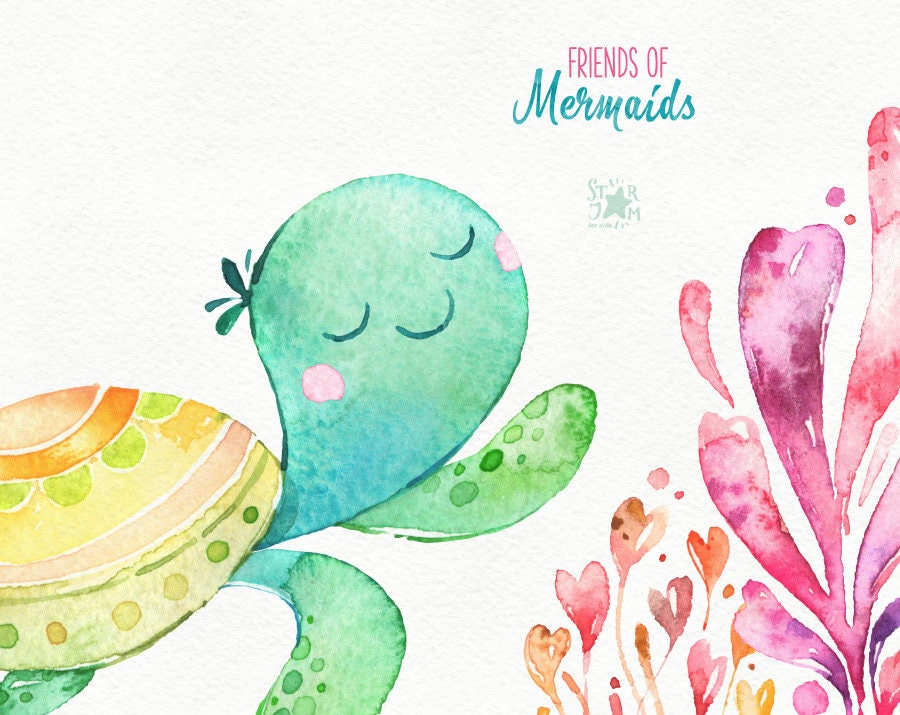 Friends of Mermaids. Watercolor Clip Art Fish Jellyfish - Etsy