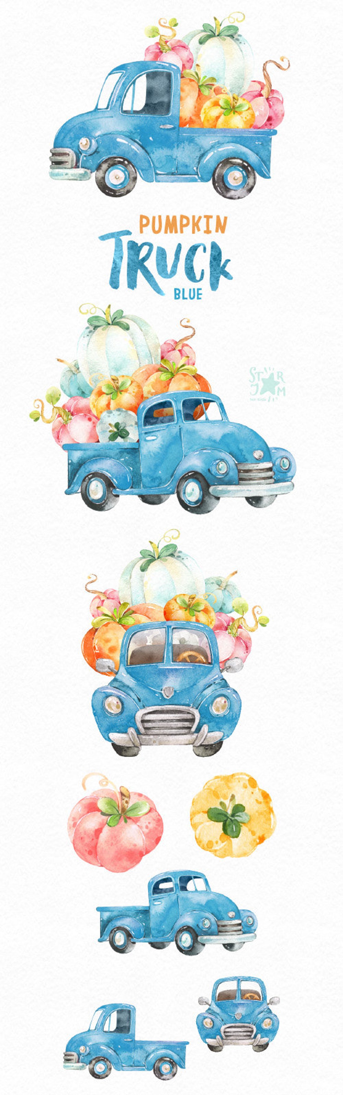 Pumpkin Truck Blue. Watercolor Fall Clipart Halloween - Etsy