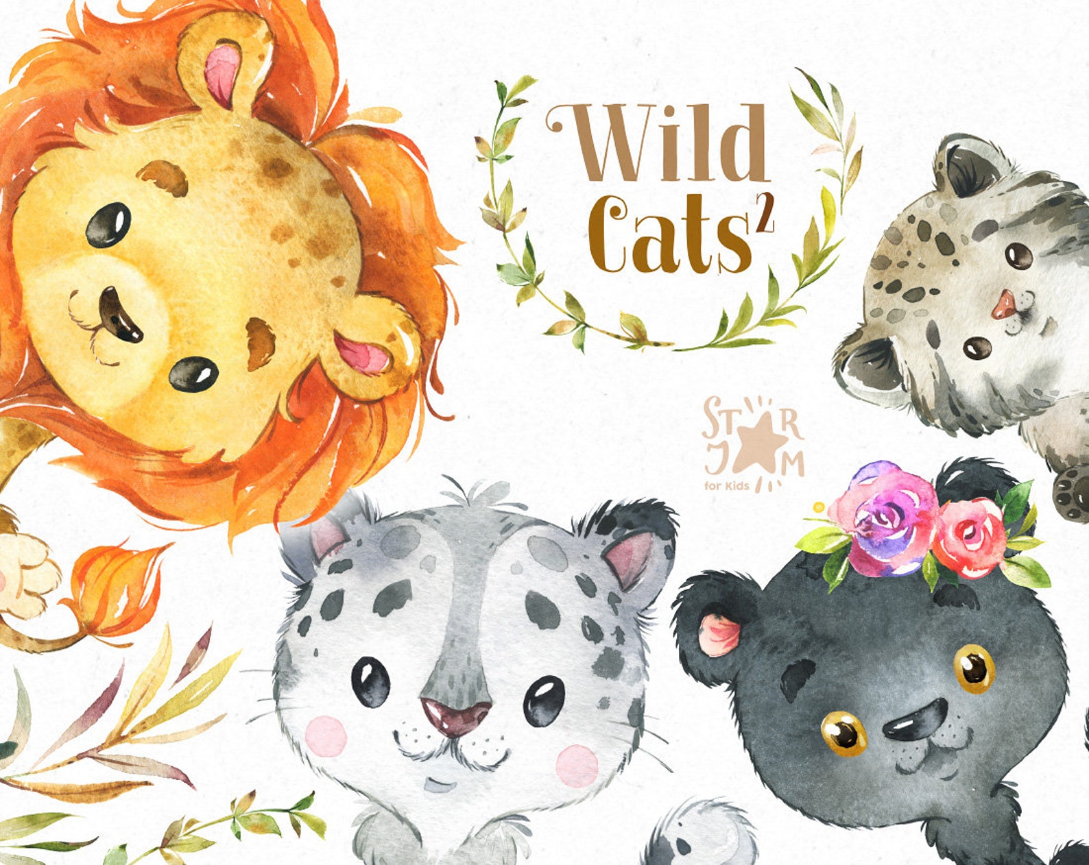 Wild Cats 2. Watercolor Little Animal Clipart Lion Snow - Etsy