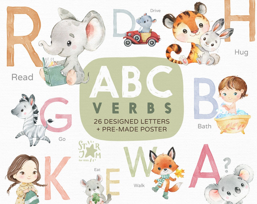 ABC Verbs. Watercolor Clipart, Alphabet, Animals, Letters, a to Z ...