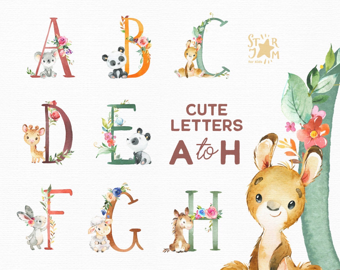 Cute Letters With Animals A-H. Watercolor Clip Art Name - Etsy