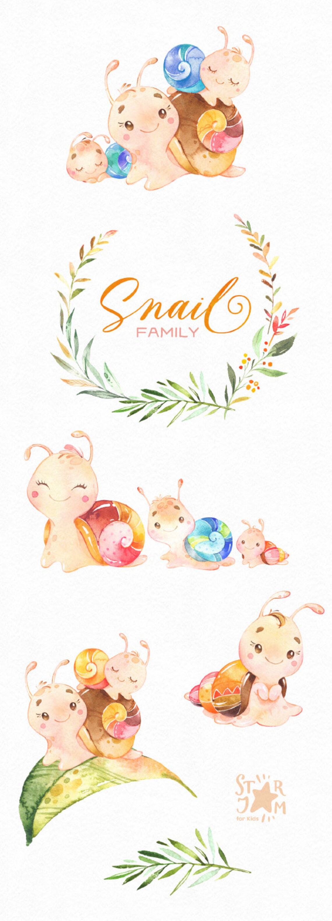 Snail Family. Watercolor Little Animal Clipart Mother | Etsy