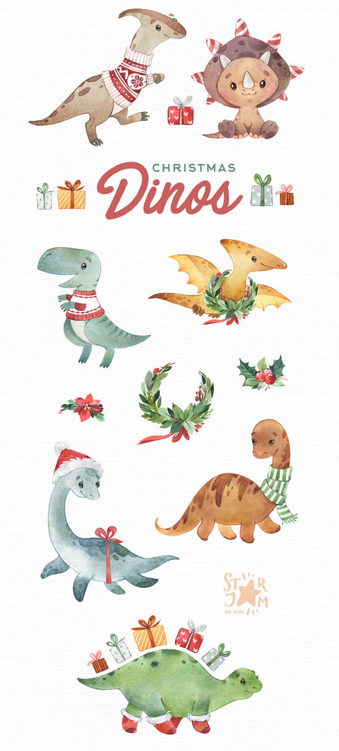 Dinos Christmas. Little Animals Watercolor Clip Art New Year - Etsy