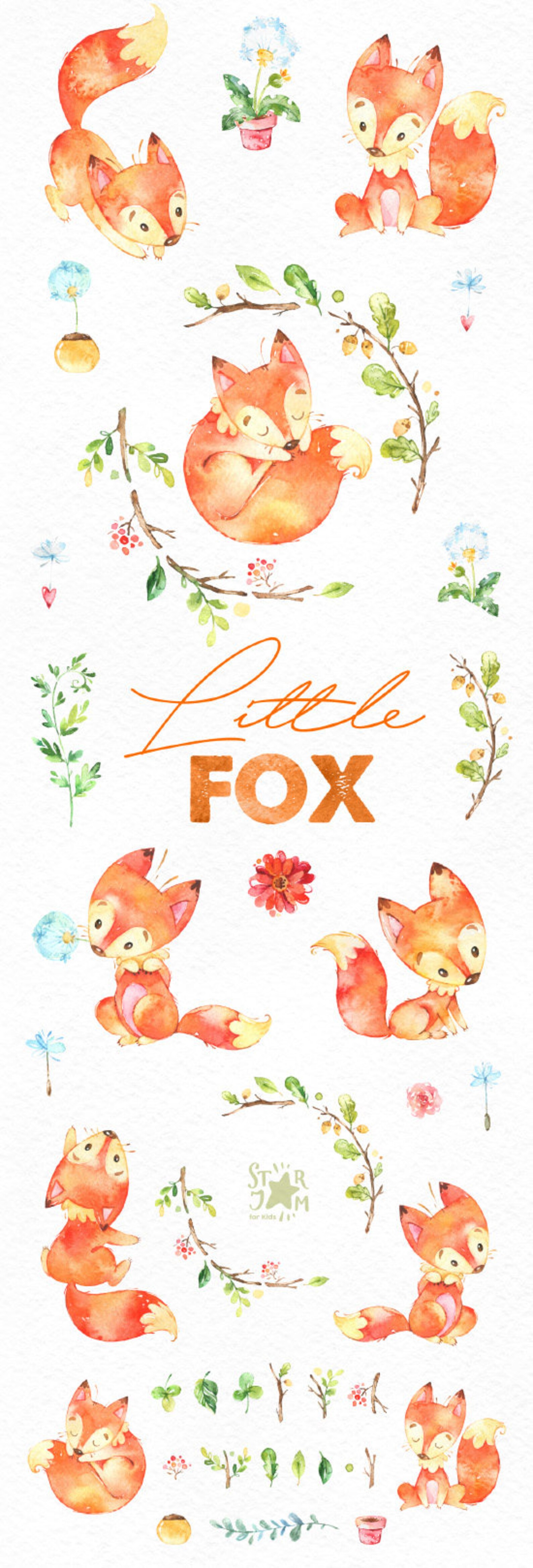 Little Fox. Cute Animal Clipart Watercolor Woodland Forest - Etsy