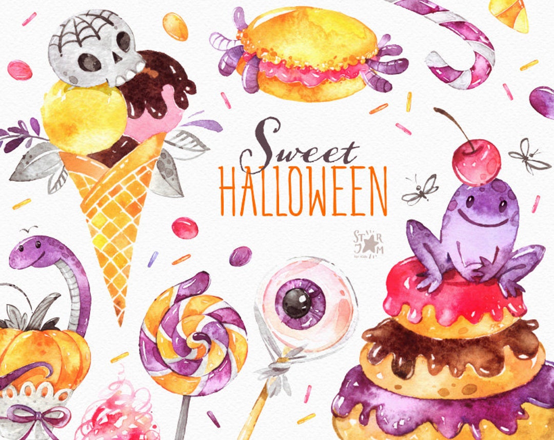 Sweet Halloween. Watercolor Clipart, Candy, Ice Cream, Lollipops ...