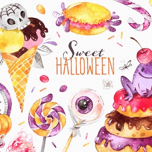 Sweet Halloween. Watercolor Clipart, Candy, Ice Cream, Lollipops ...