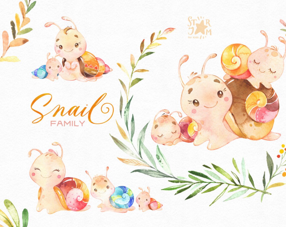 Snail Family. Watercolor Little Animal Clipart Mother - Etsy