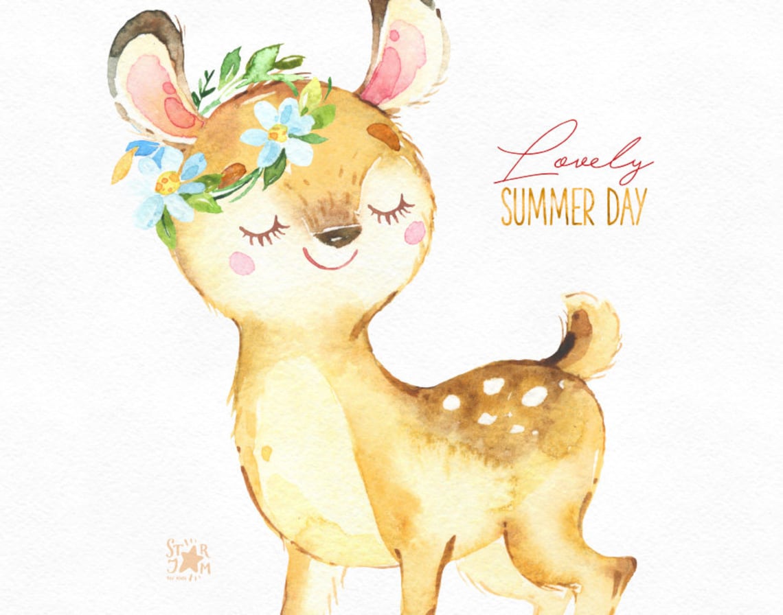 Lovely Summer Day. Forest Animals Clip Art, Watercolor, Chipmunk, Roe ...