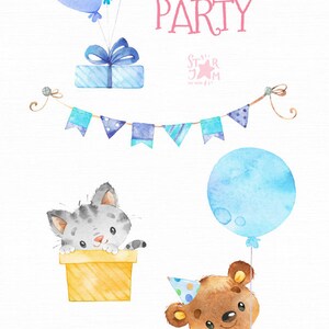 Kids Party 3 Kitty & Bear Watercolor Little Animal Birthday Clipart ...