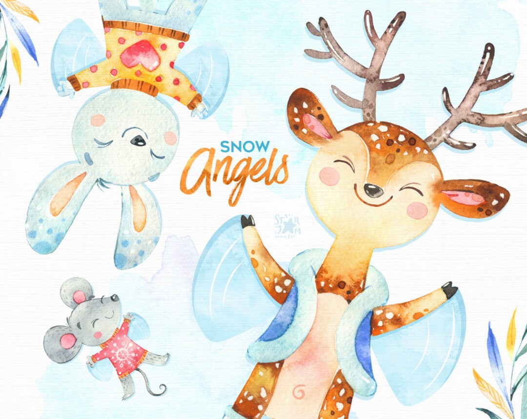 Snow Angels. Watercolor Holiday Animal Clipart, Polar Bear, Deer, Mouse ...