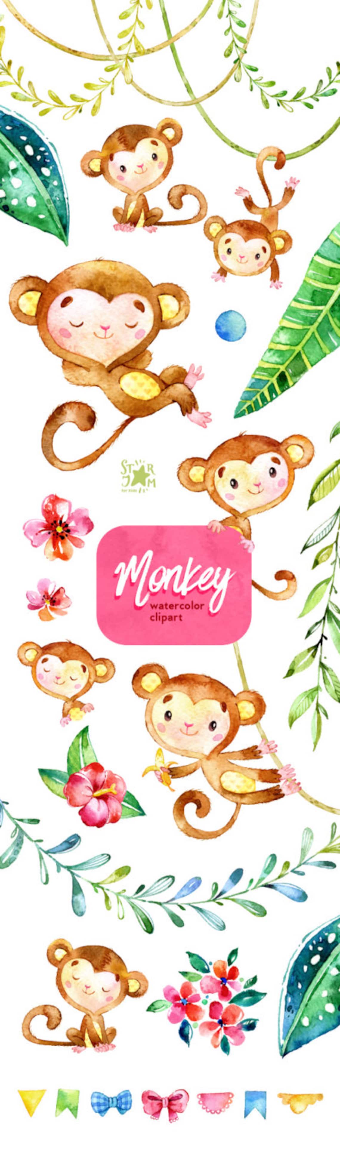 Monkey. Watercolor animals clipart jungle tropical liana | Etsy