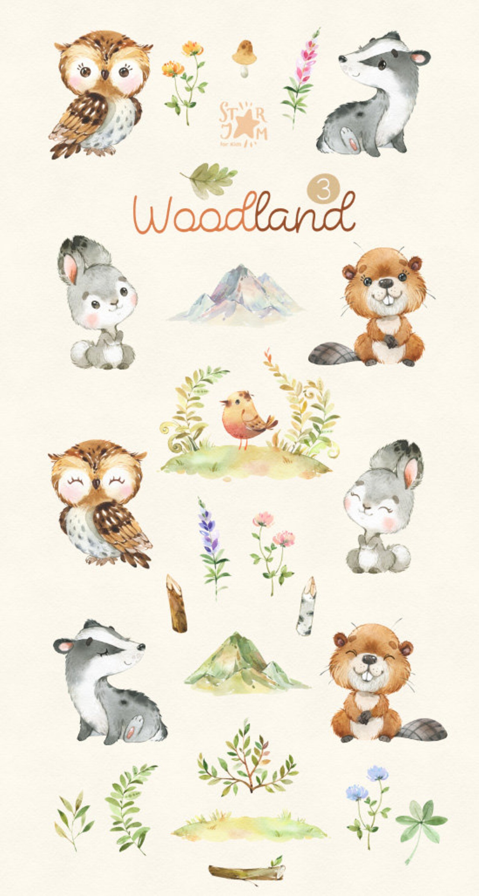 Woodland 3. Little Animals Watercolor Clip Art Owl Rabbit - Etsy