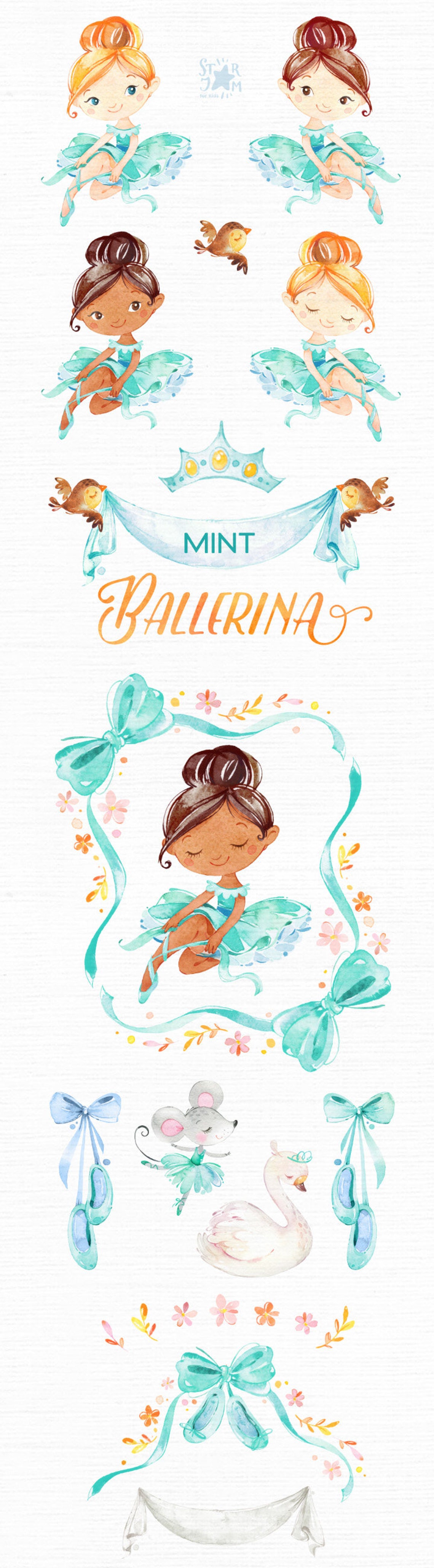 Mint Ballerina. Watercolor Clipart Little Girl Dress Ballet - Etsy