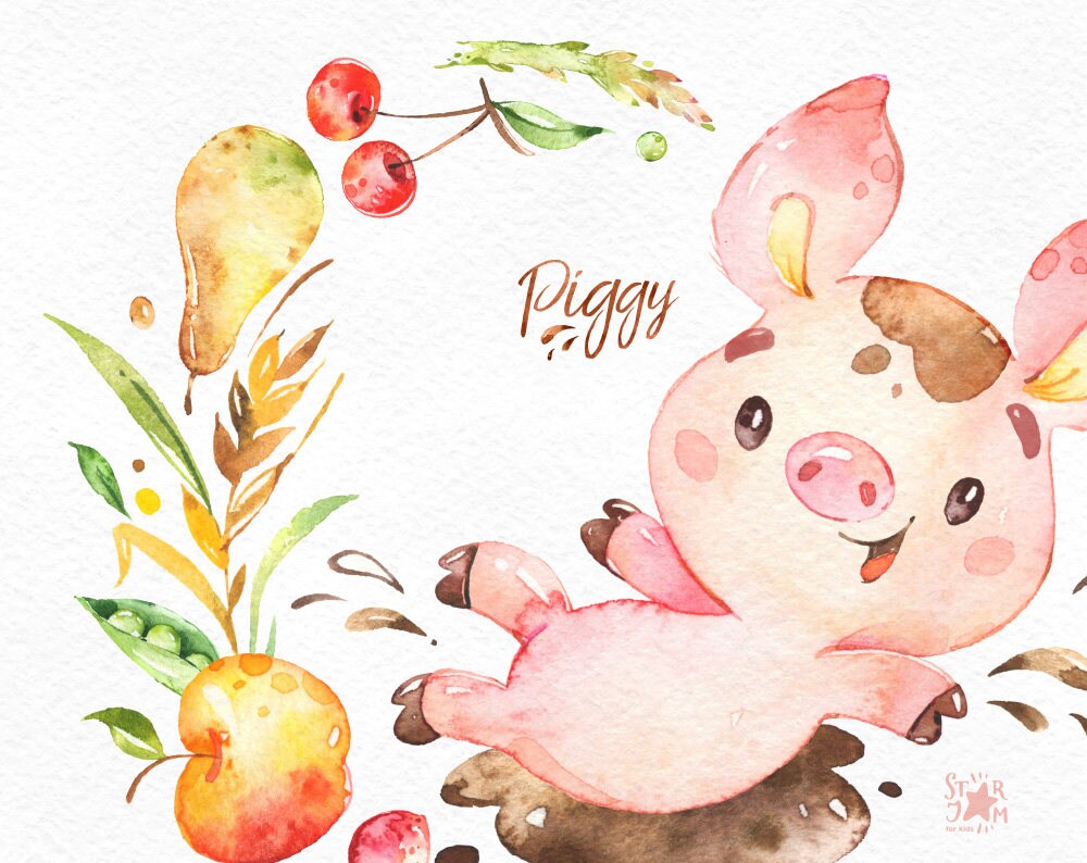 Piggy. Watercolor Farm Clipart, Country, Piglet, Little Pig, Pink ...
