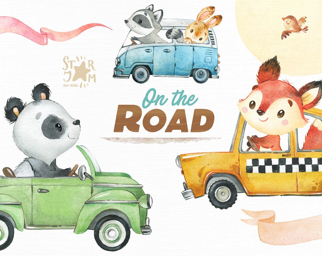 On the Road. Watercolor Animals Clipart, Car, Van, Travel, Way, Panda ...