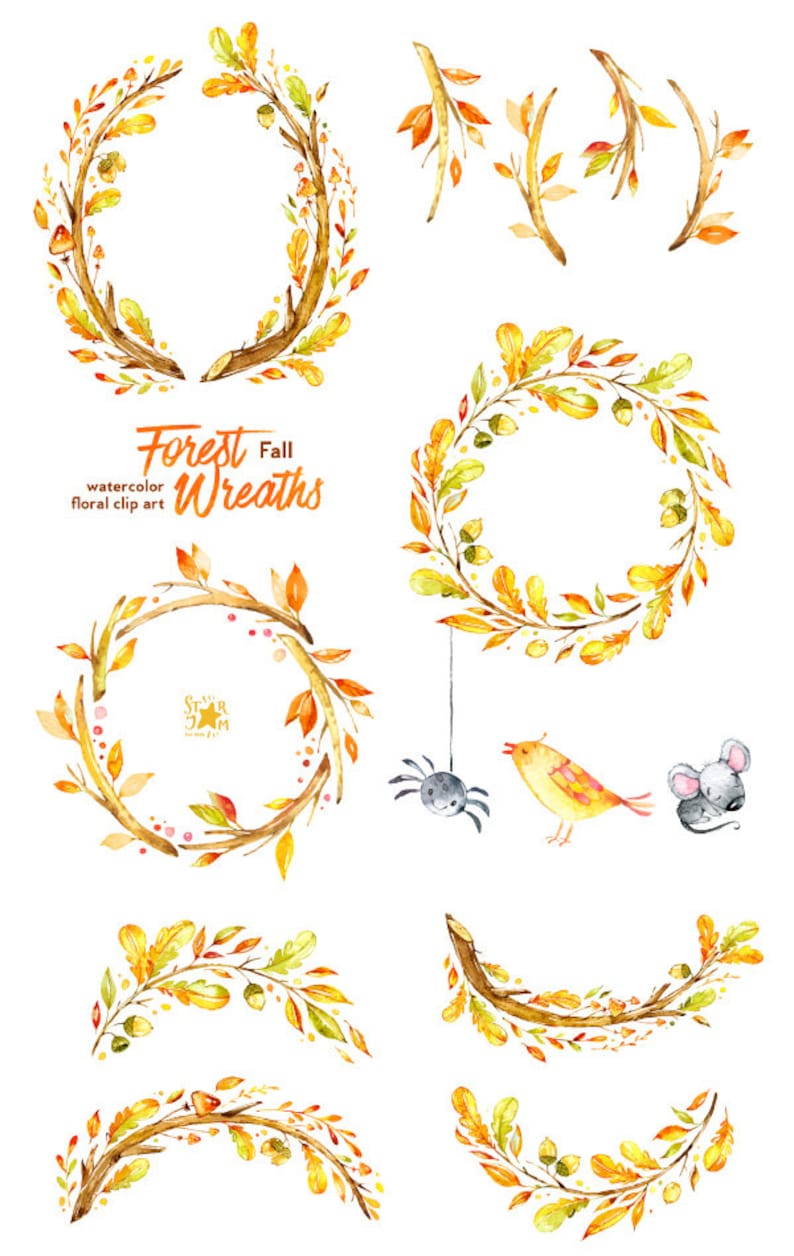 Fall Forest Wreaths. Watercolour Clip Art, Flowers, Oak, Mouse, Spider ...