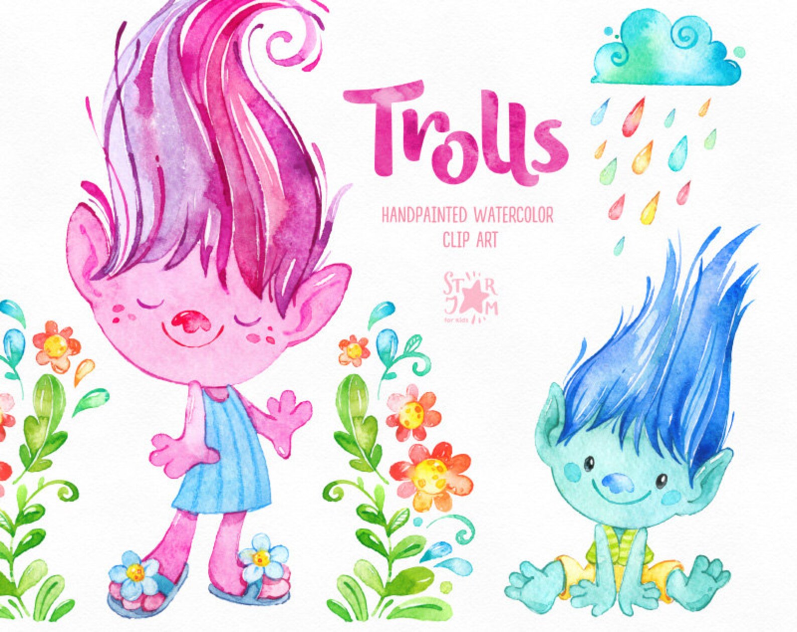 Trolls. Watercolor Clip Art Cute Characters Poppy Dolls - Etsy