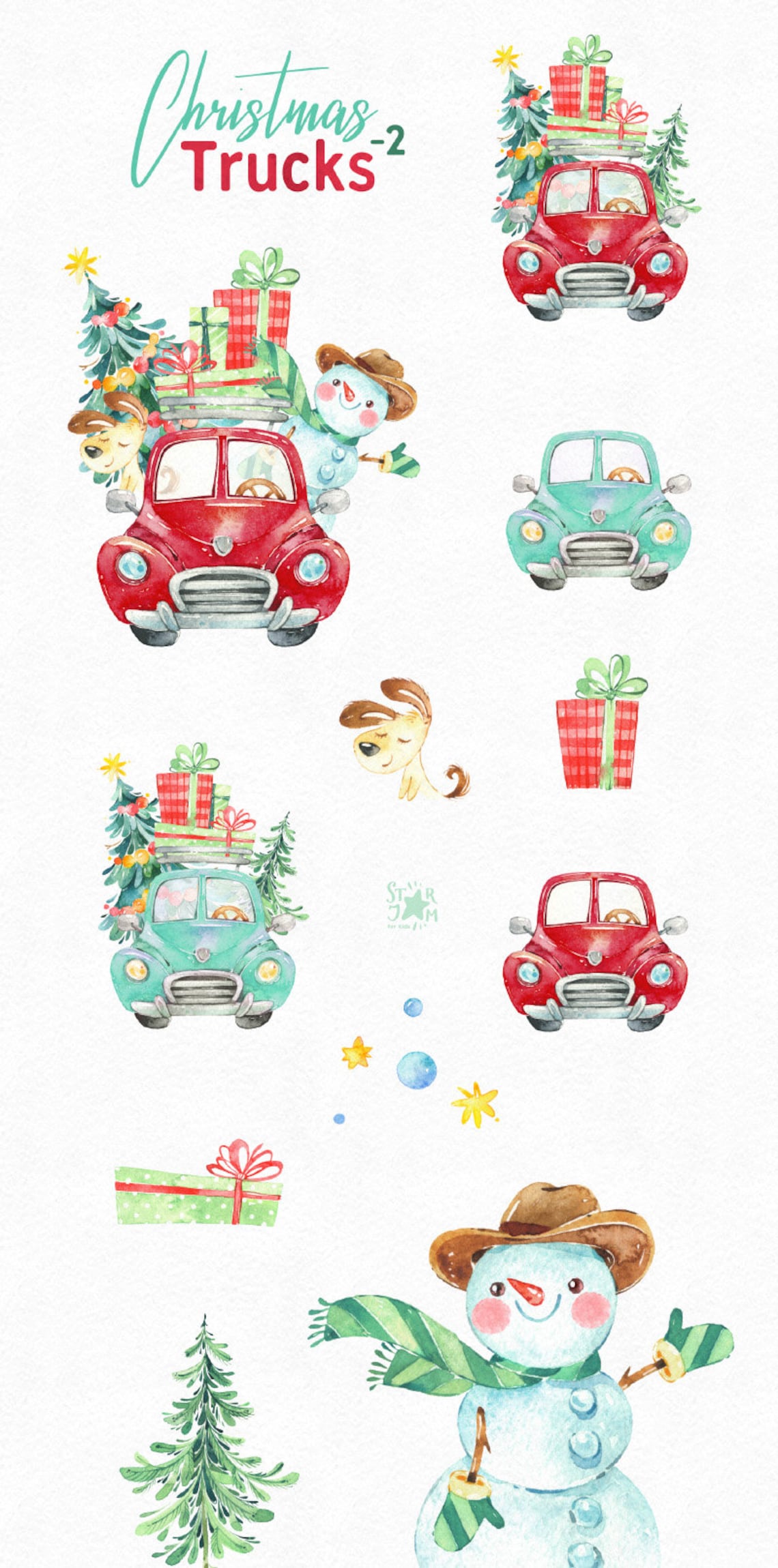 Christmas Truck 2. Watercolor Holiday Clipart, Snowman, Winter, Car ...